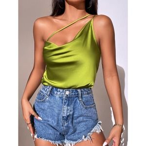Tops | One Shoulder Draped Satin Bodysuit Cami Strap Black Y2k | Poshmark